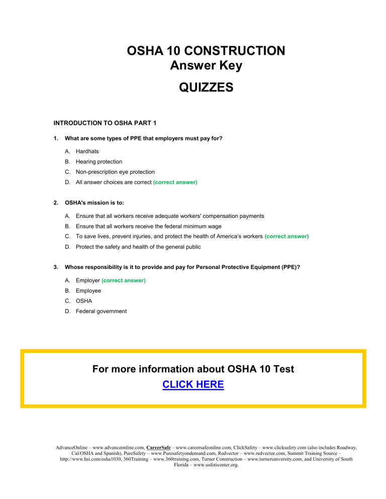 OSHA 10 Hour Construction Test Answer Key Care Saf OSHA 10 Hour Construction Test Answer Key Care Saf