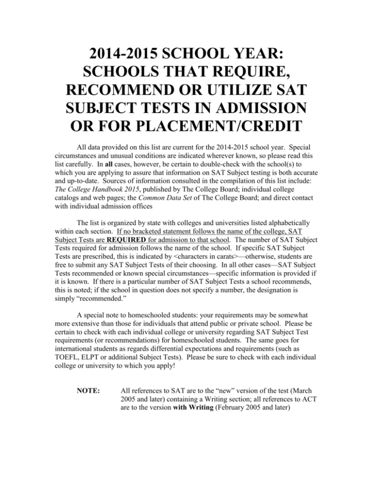 Recommended SAT Subject Tests Recommended SAT Subject Tests