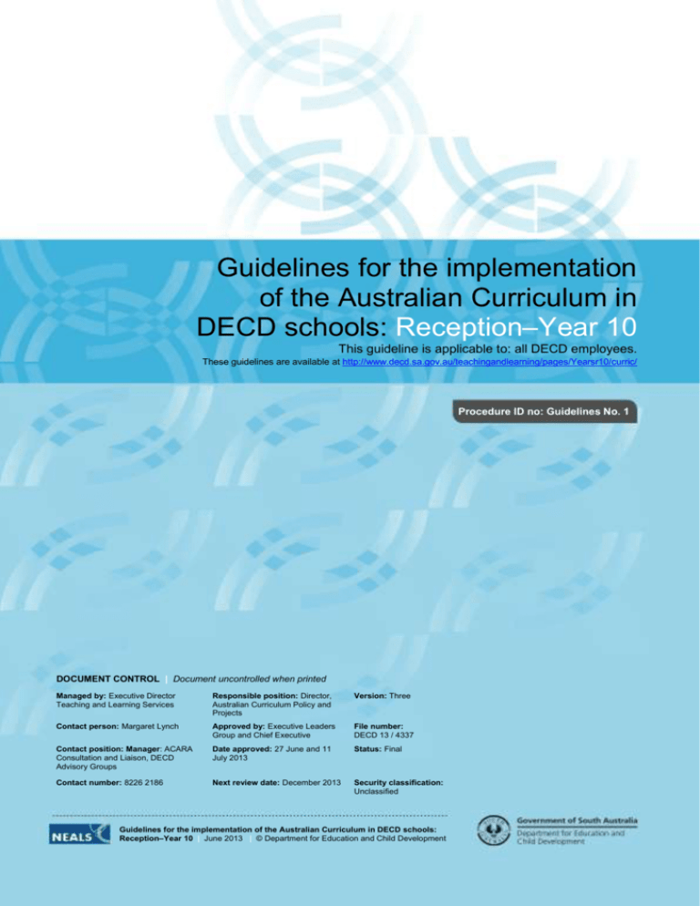 Guidelines For The Implementation Of The Australian Curriculum In Guidelines For The Implementation Of The Australian Curriculum In