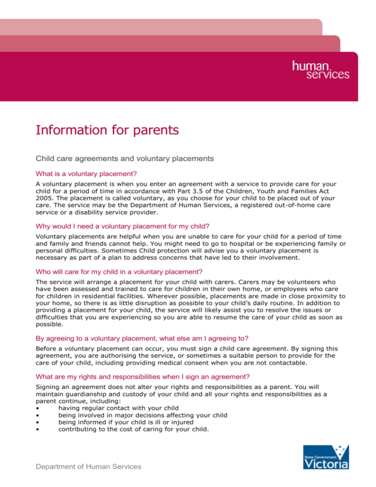 Information for parents: Child care agreements and voluntary
