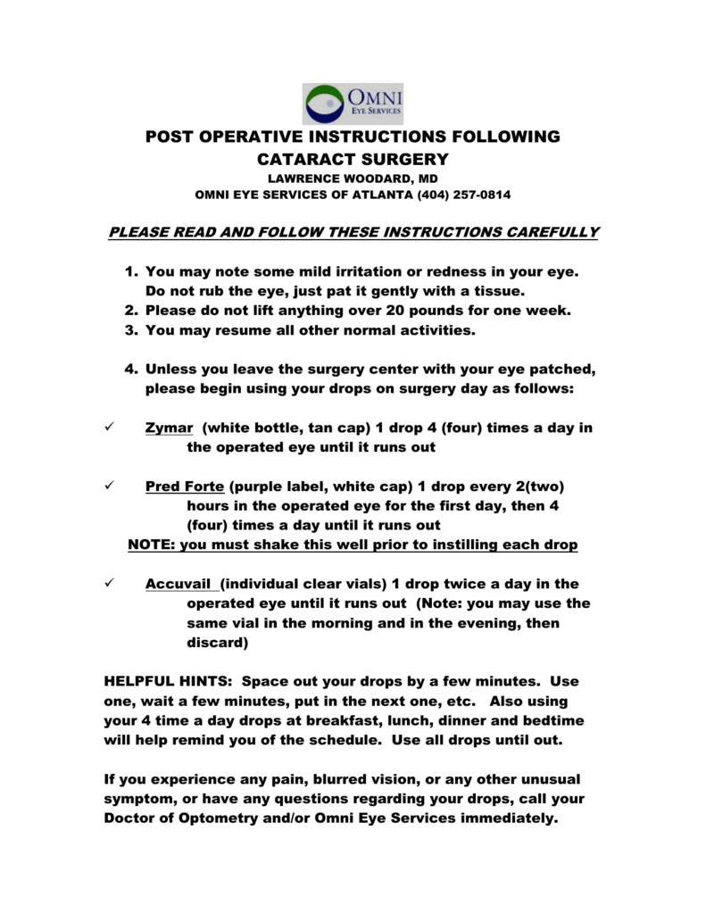 Post Operative Instructions Following Cataract Surgery