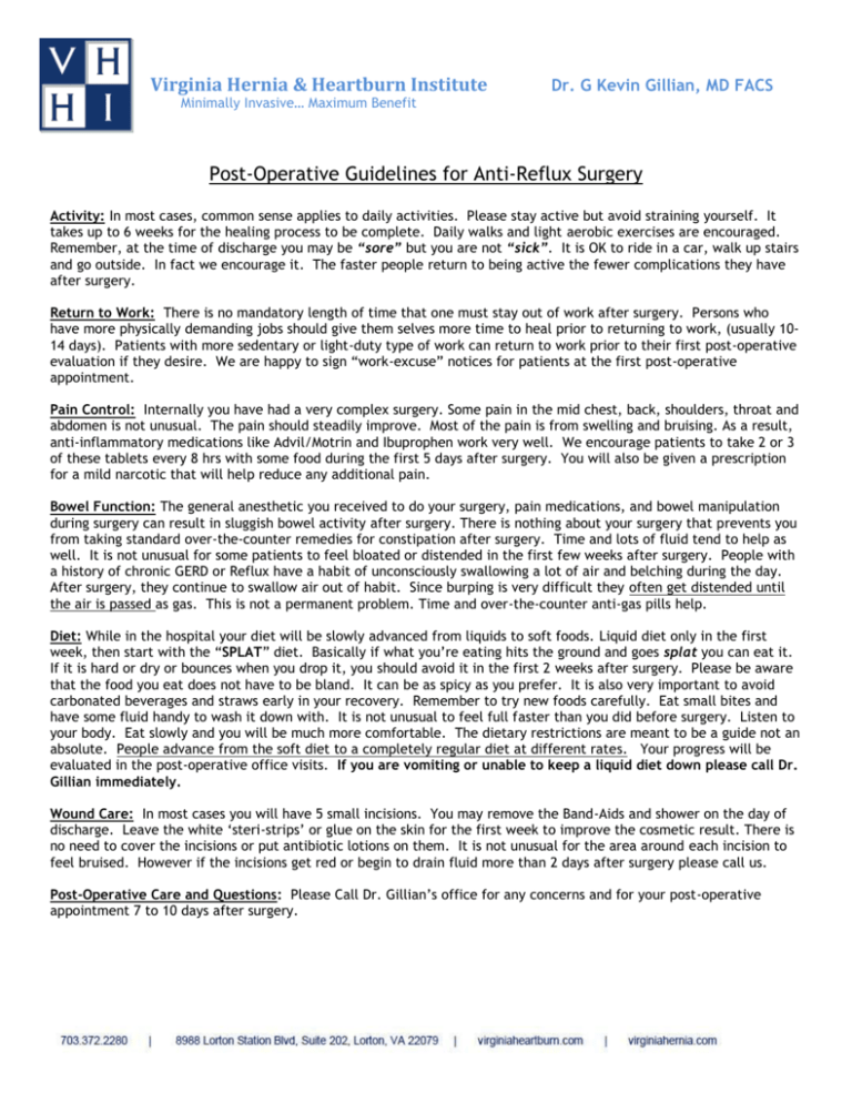 Post Operative Guidelines For Anti Reflux Surgery Post Operative Guidelines For Anti Reflux Surgery