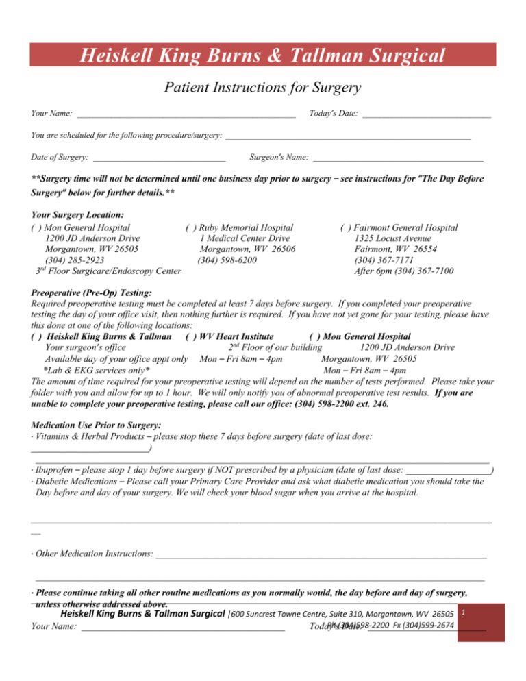 Patient Instructions for Surgery