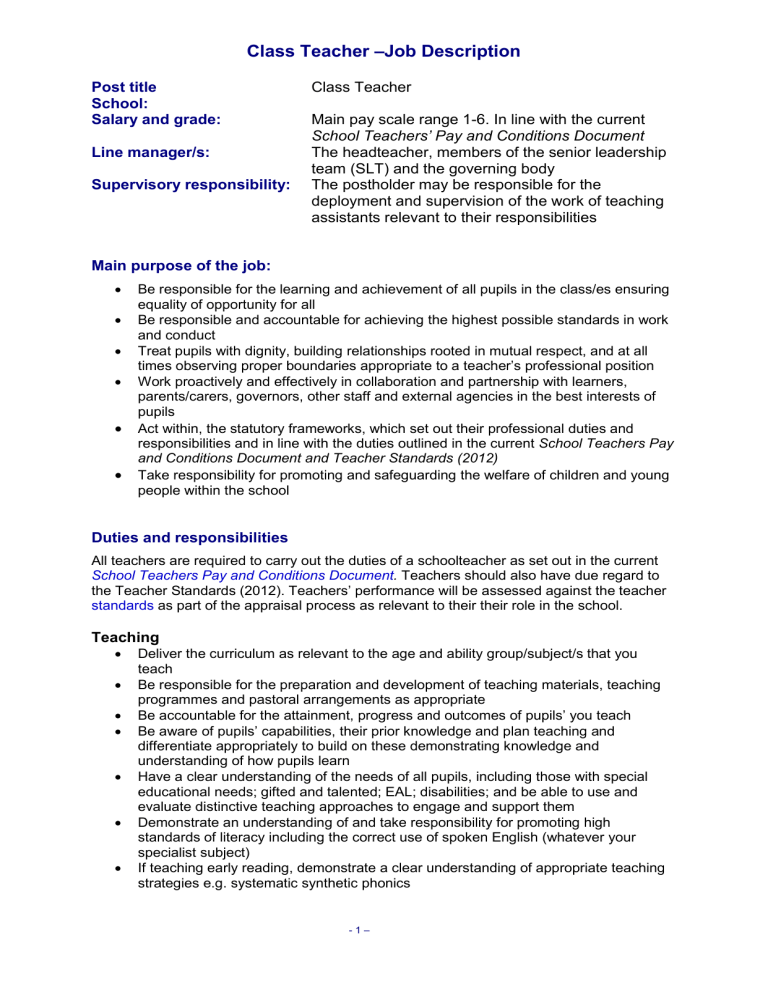Class Teacher Job Description