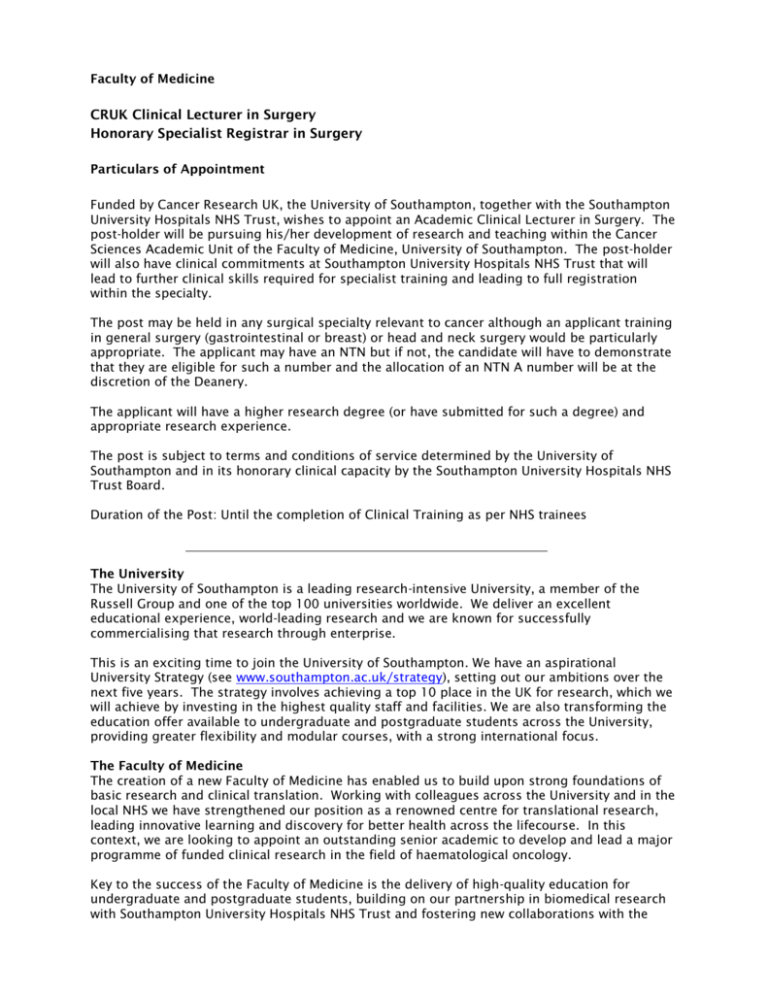 Further Particulars Clinical Lecturer In Surgery Further Particulars Clinical Lecturer In Surgery