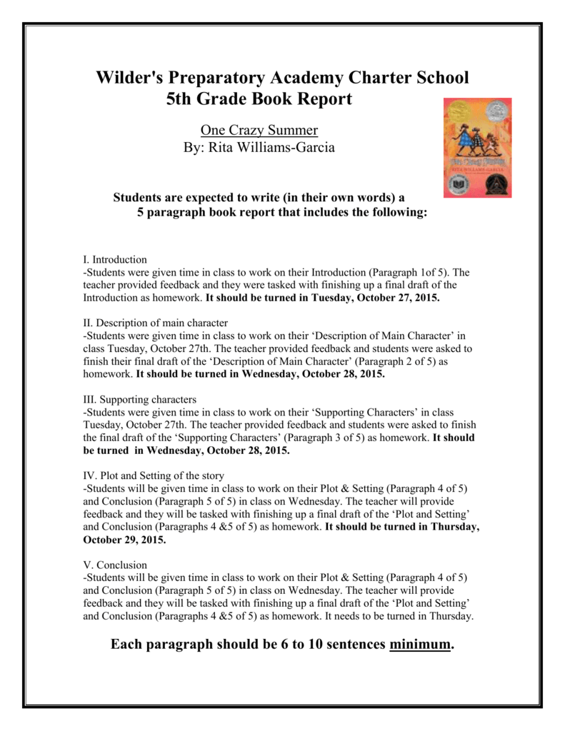 Fifth Grade Book Report Reminders