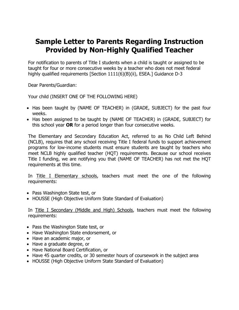 Sample Letter To Parents Regarding Instruction Provided By Non
