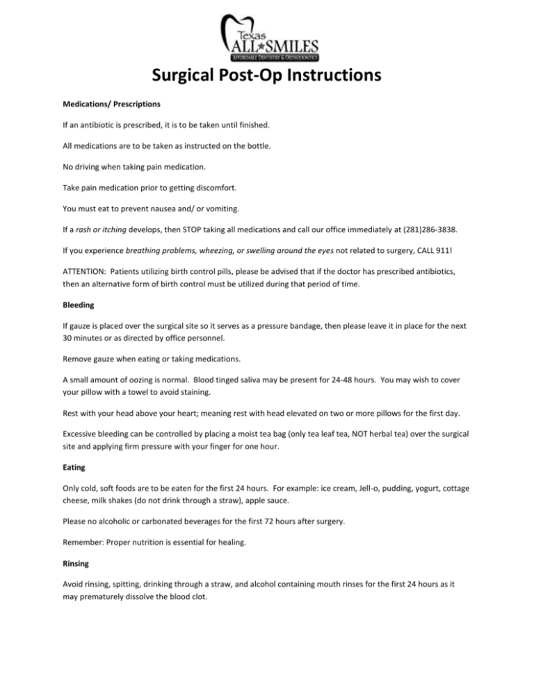 Surgical Post Op Instructions Surgical Post Op Instructions