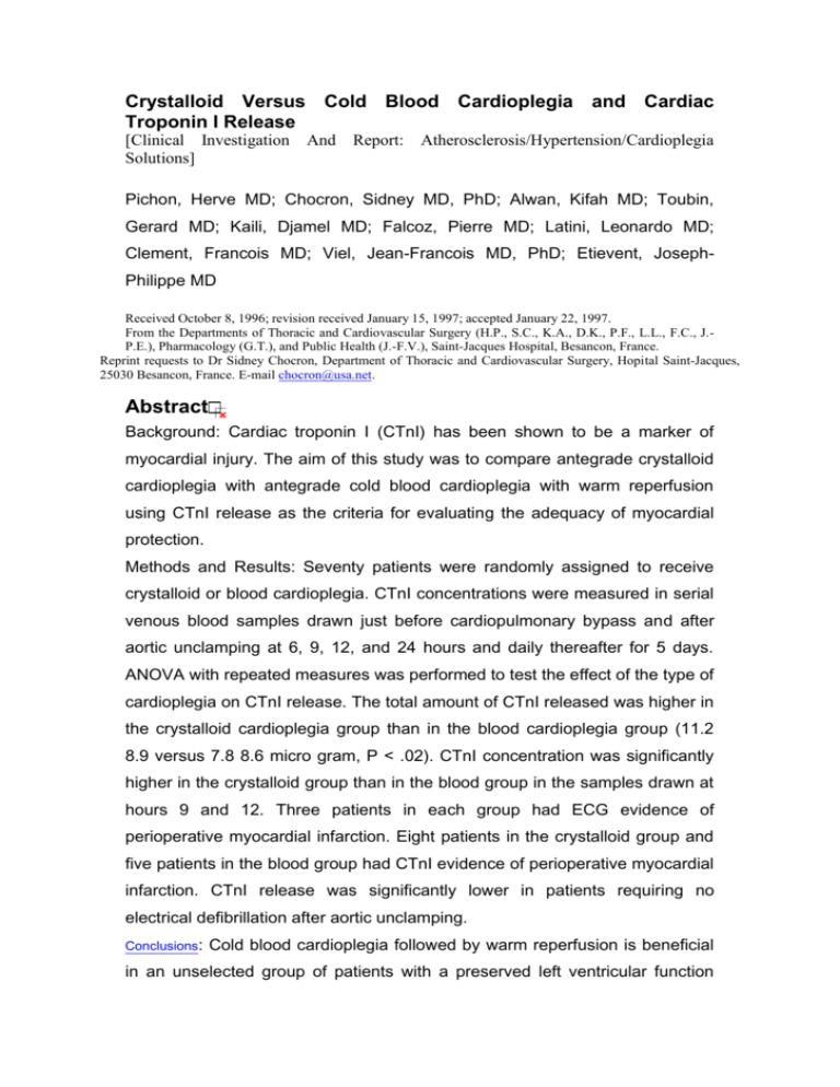 Crystalloid Versus Cold Blood Cardioplegia and Cardiac Troponin I