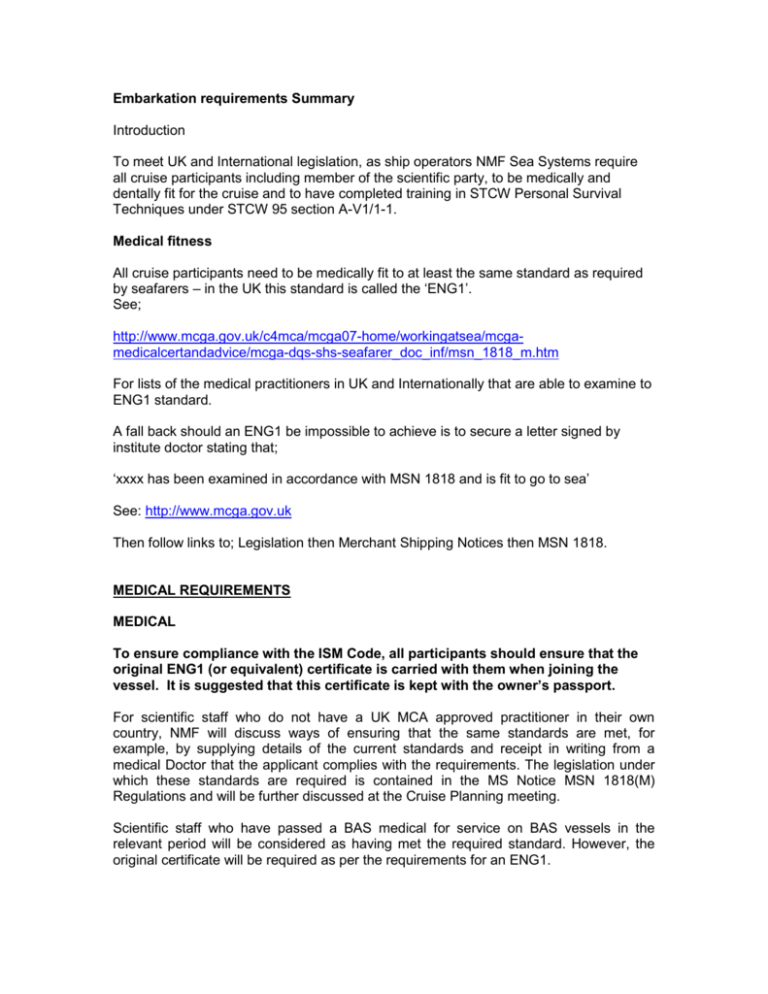Embarkation Requirements Summary Embarkation Requirements Summary