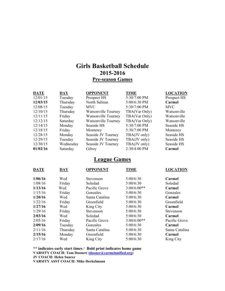Girls Basketball Schedule