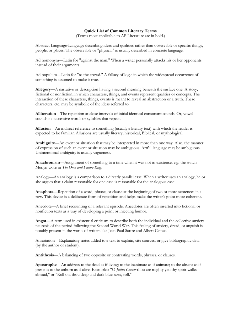 Quick List Of Common Literary Terms