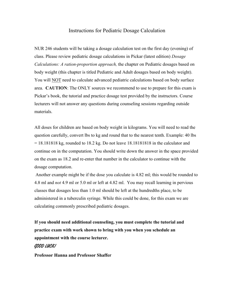 Instructions For Pediatric Dosage Calculation