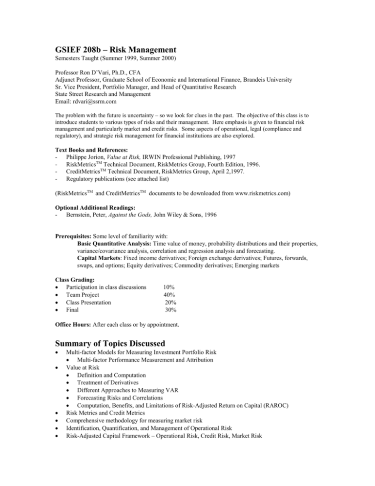 Risk Management And Quantitative Methods