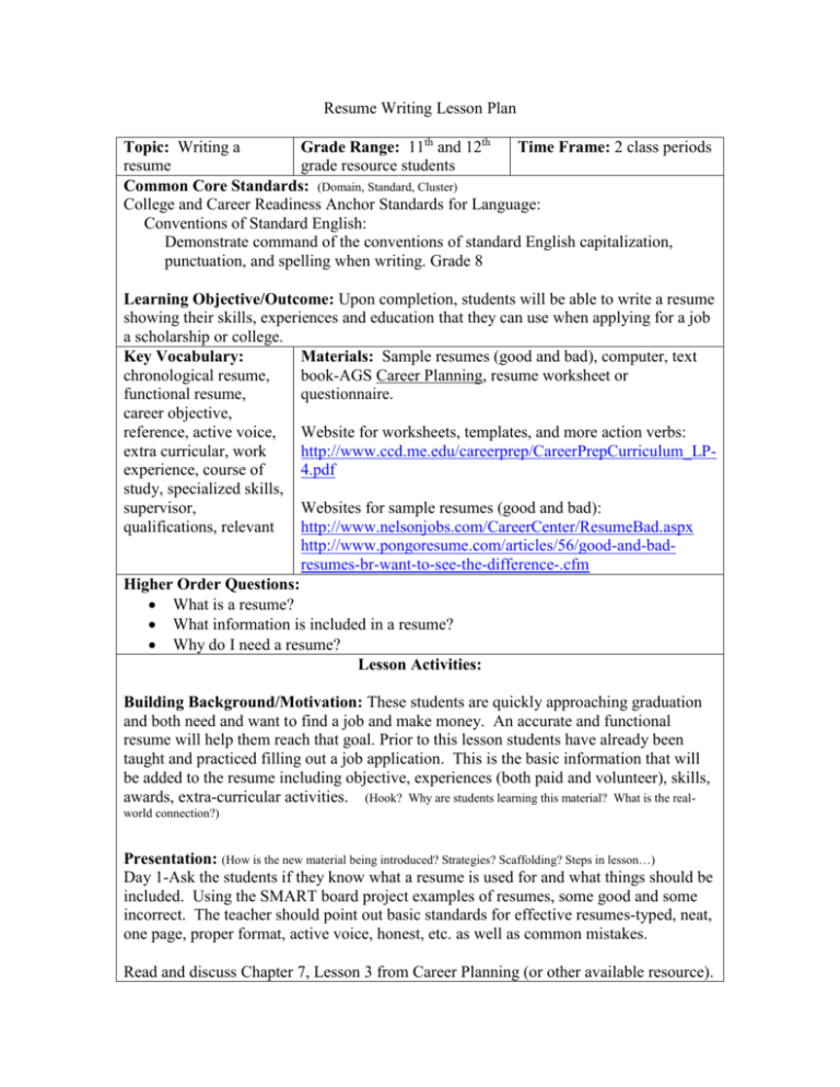 Resume Writing Lesson Plan Resume Writing Lesson Plan