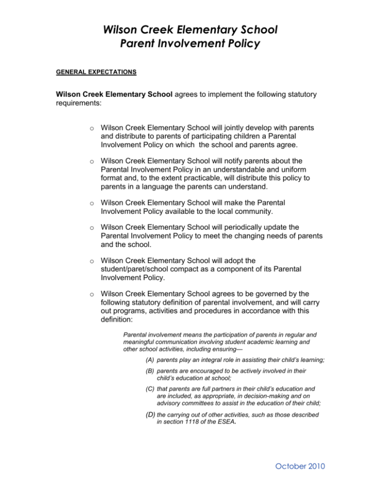 Elementary Parent Involvement Policy
