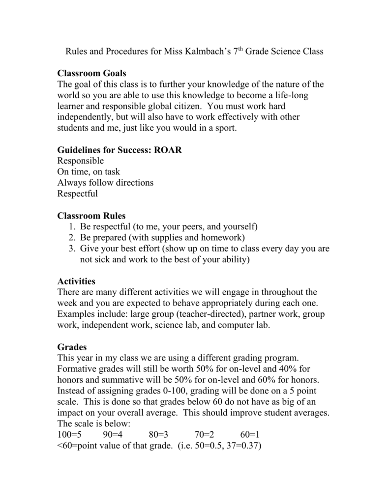 Rules And Procedures For Miss Kalmbach s 7th Grade Science Class Rules And Procedures For Miss Kalmbach s 7th Grade Science Class