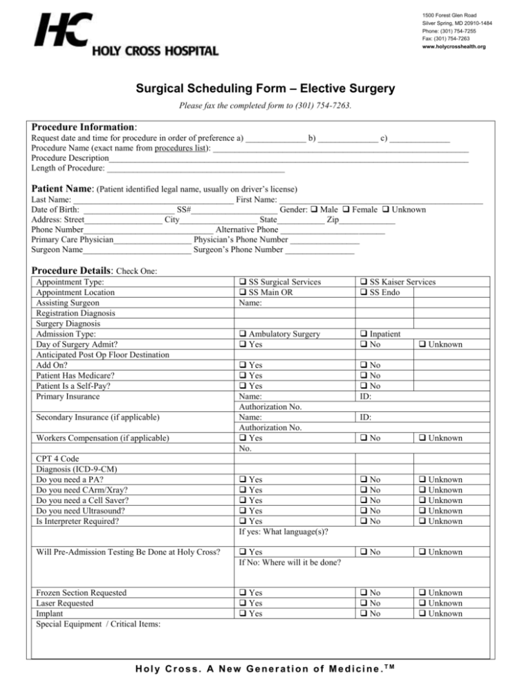 Surgery Scheduling Form Template Surgery Scheduling Form Template