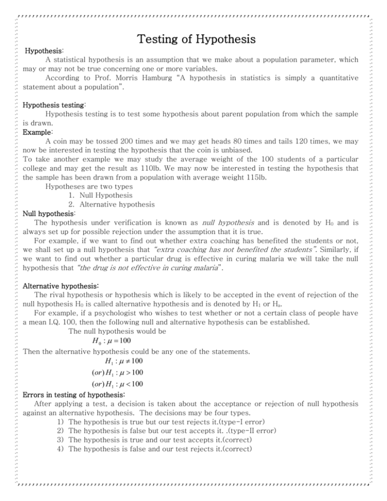Testing Of Hypothesis Testing Of Hypothesis