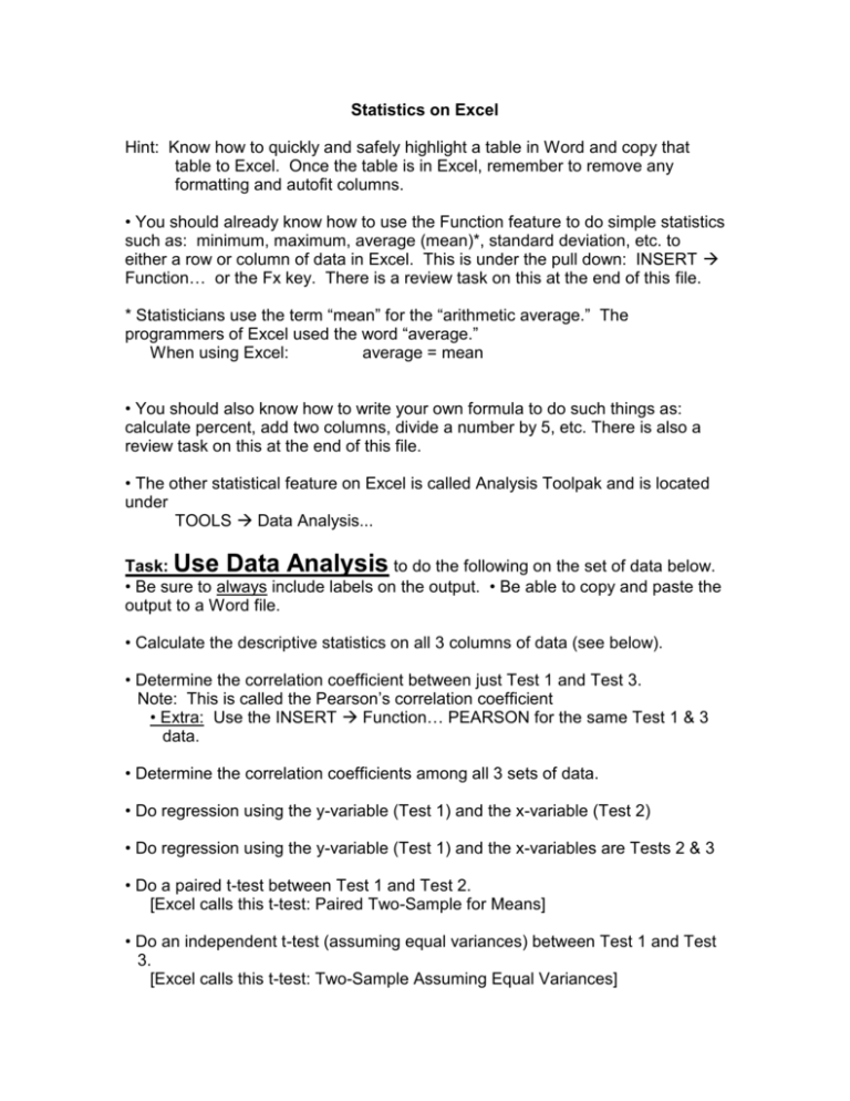 Statistics On Excel