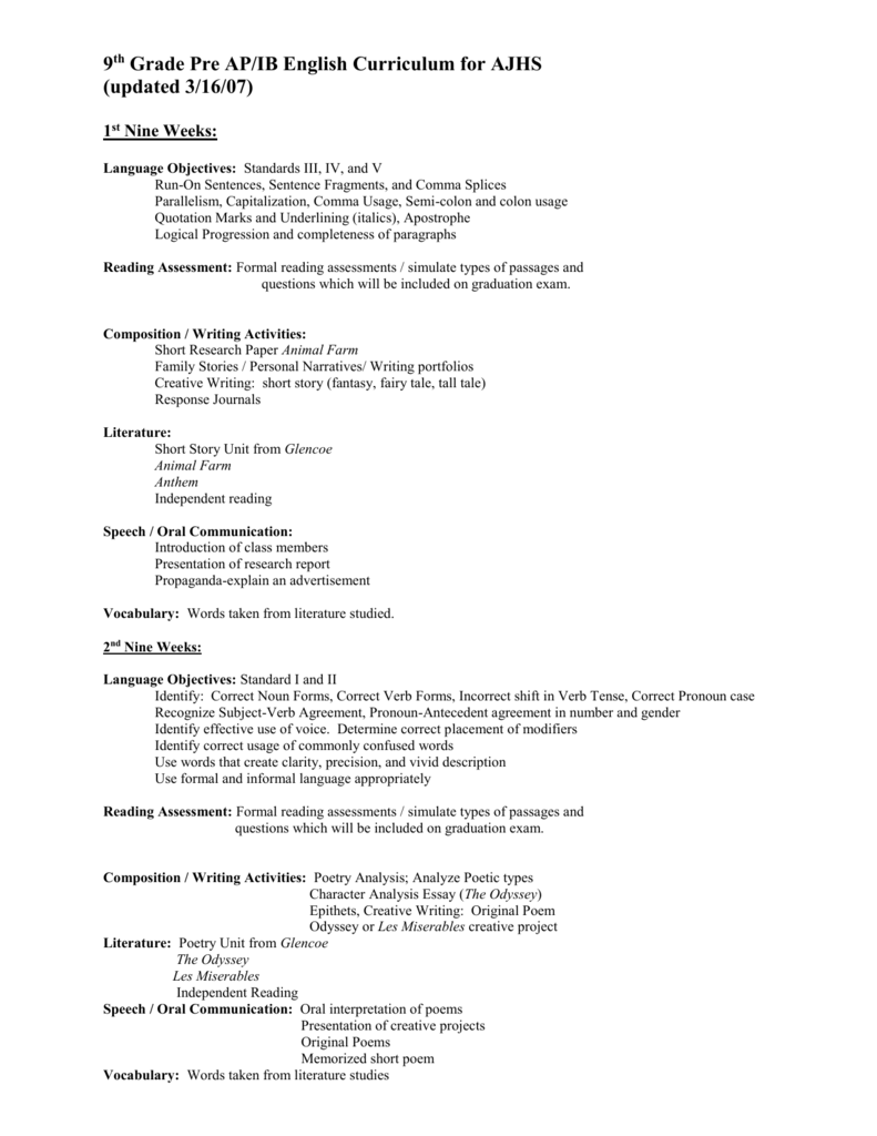 9th Grade Curriculum For AHS