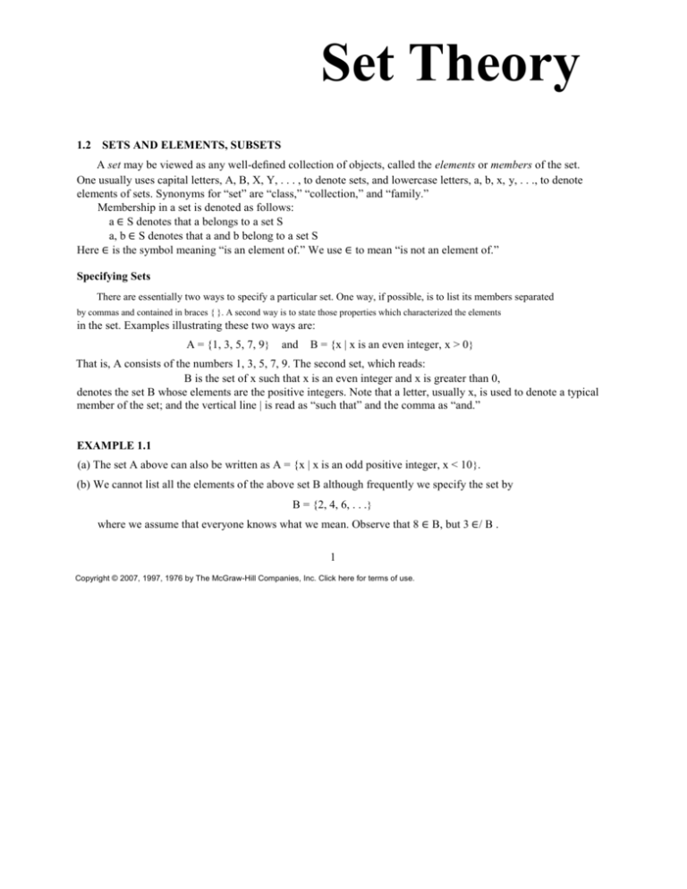 1 Set Theory 1 2 SETS AND ELEMENTS SUBSETS A Set May Be 1 Set Theory 1 2 SETS AND ELEMENTS SUBSETS A Set May Be