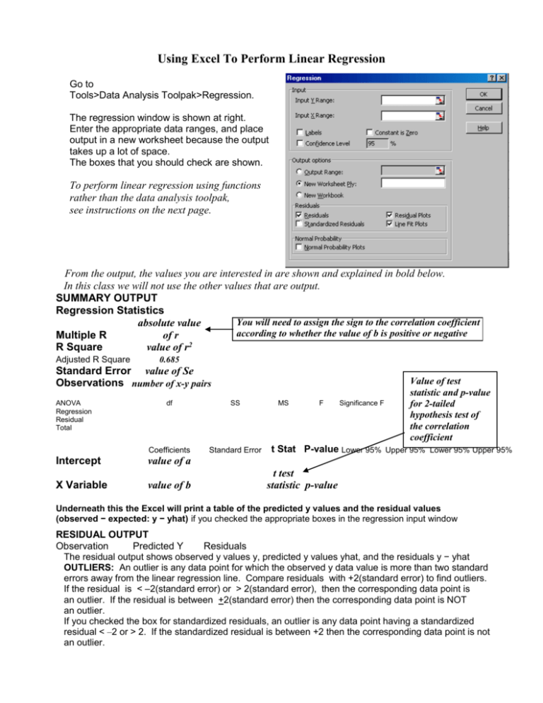 To Use Excel To Perform Linear Regression Go To