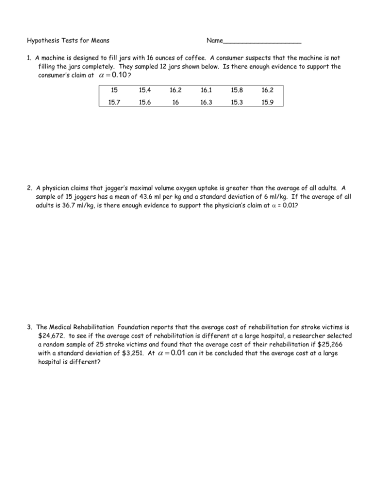 Hypothesis Tests For Means
