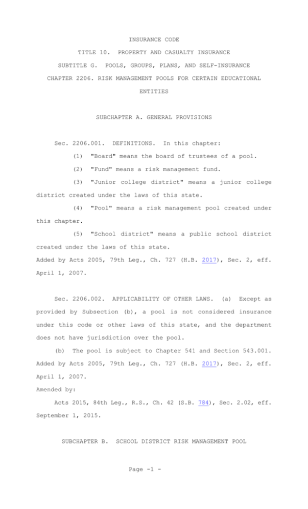 INSURANCE CODE TITLE 10 PROPERTY AND CASUALTY