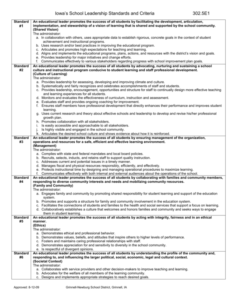 302 5E1 Iowa s School Leadership Standards And Critera