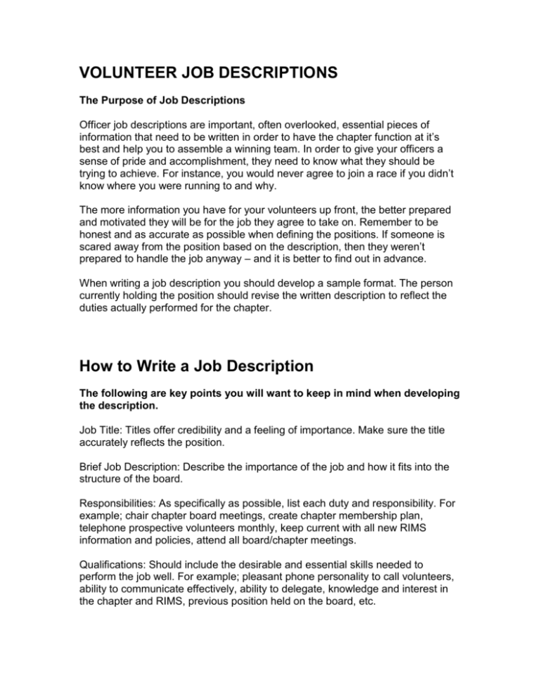 Volunteer Job Descriptions For RIMS Chapters