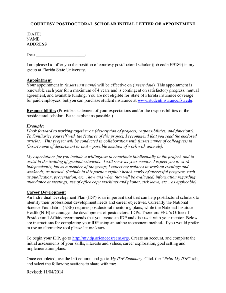 Sample Courtesy Postdoctoral Scholar Offer Letter
