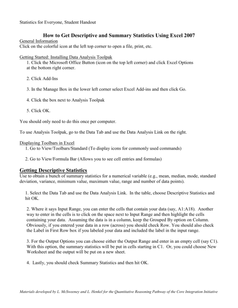Handout For Getting Descriptive Statistics In Excel