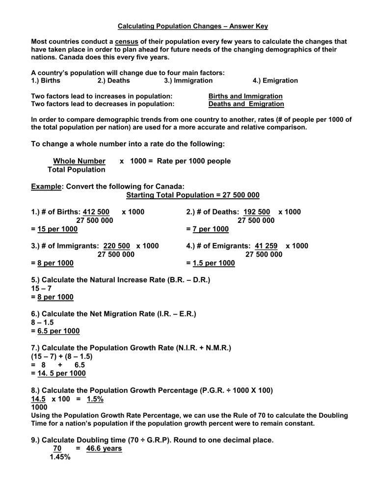 Calculating Population Changes Answer Key Calculating Population Changes Answer Key