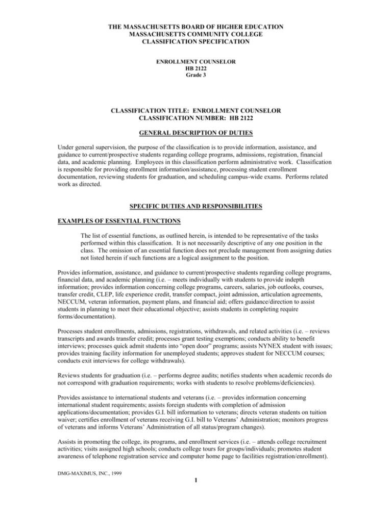 Enrollment Counselor Massachusetts Department Of Higher
