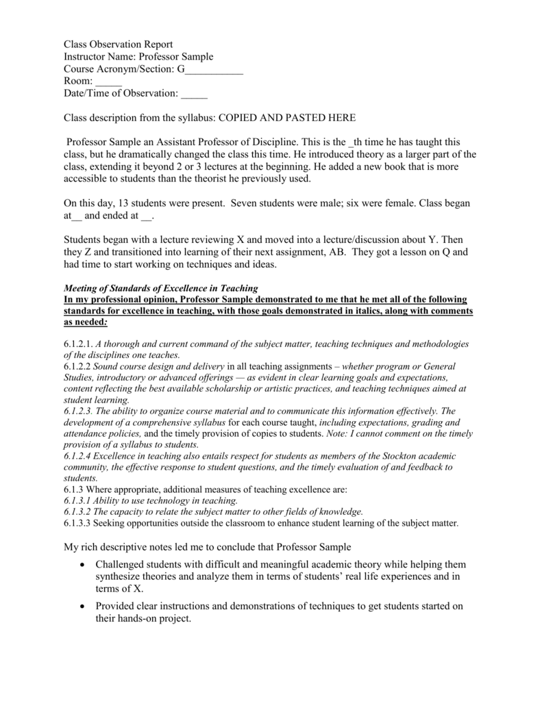 Example Of Class Observation Report