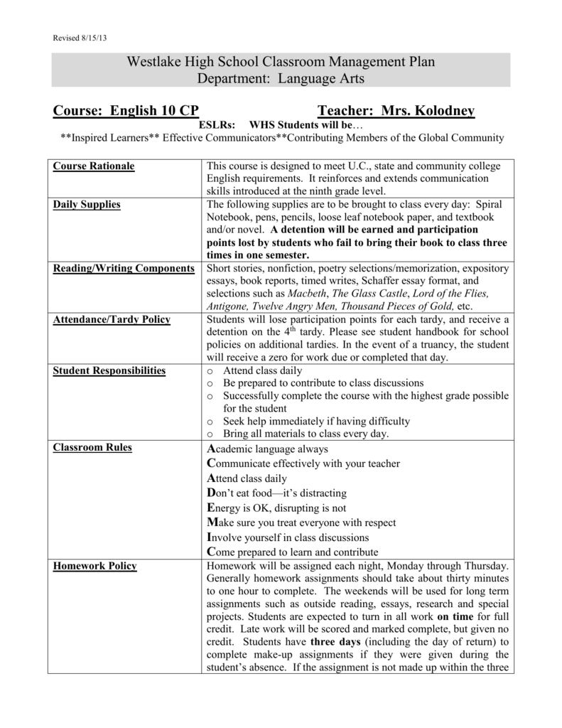 Westlake High School Classroom Management Plan