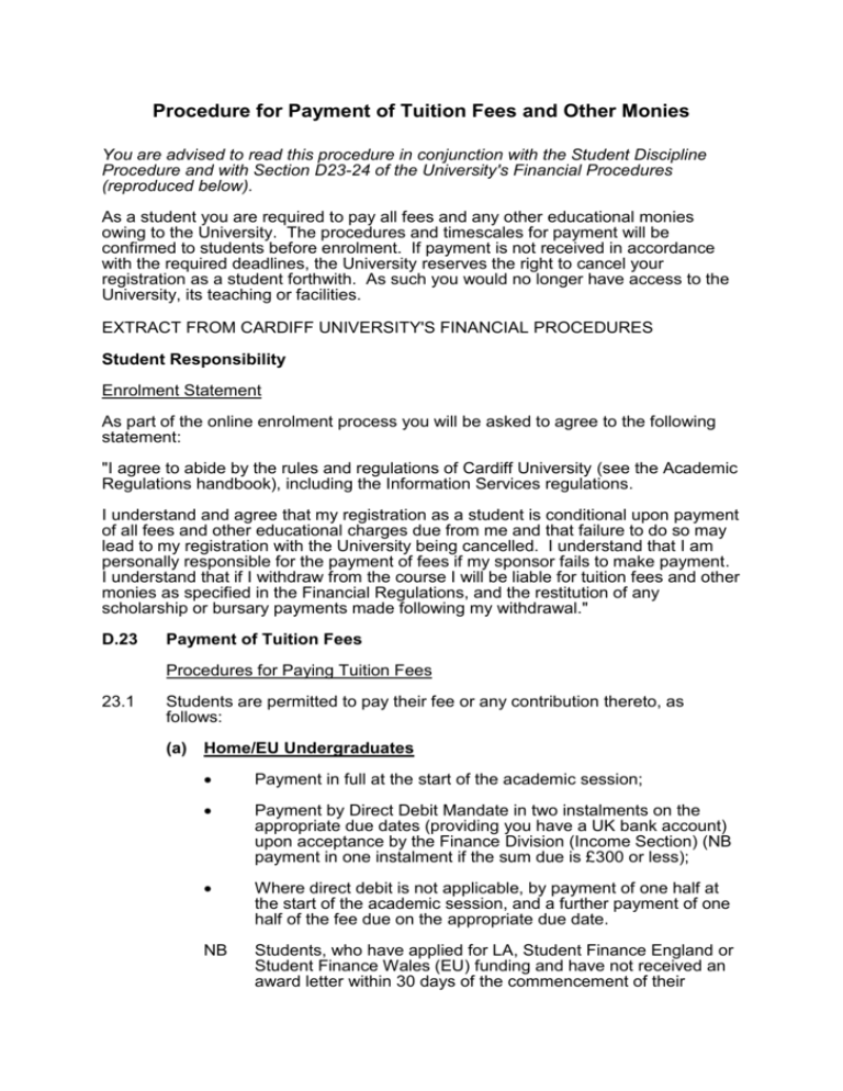 Procedure For Payment Of Tuition Fees And Procedure For Payment Of Tuition Fees And
