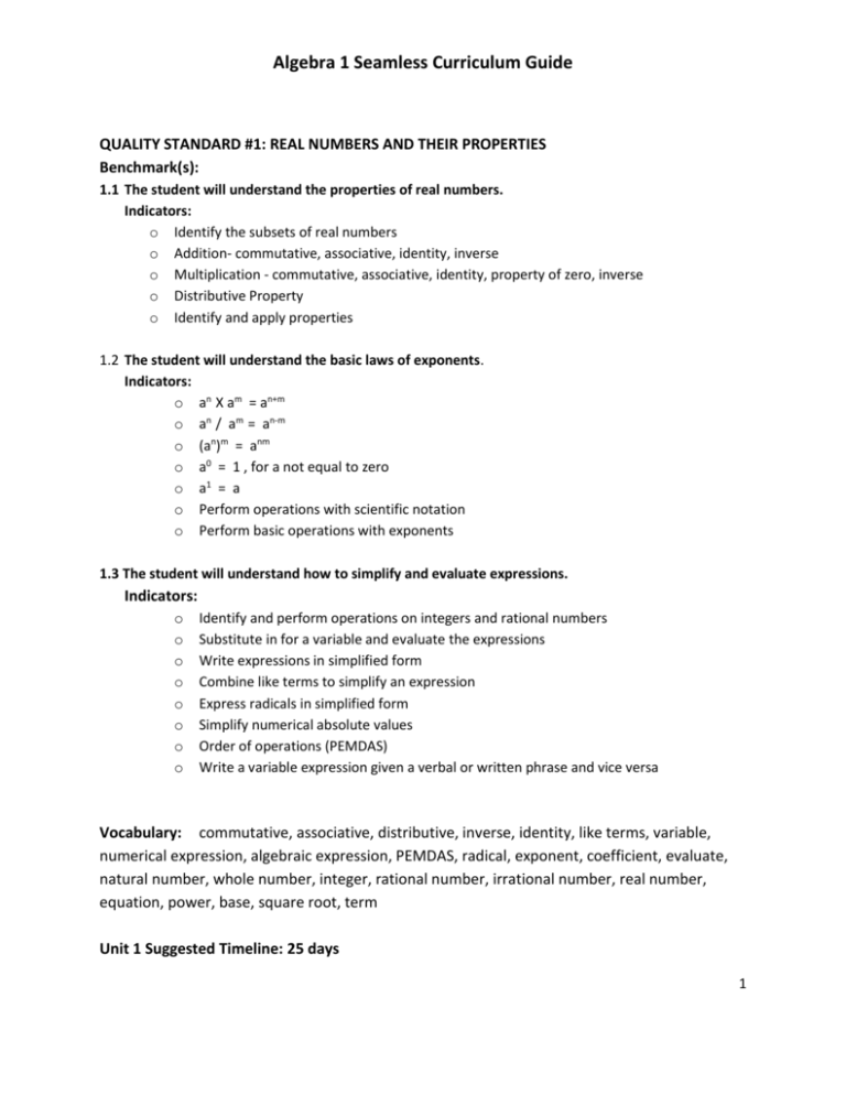 Algebra 1 Seamless Curriculum Guide Algebra 1 Seamless Curriculum Guide