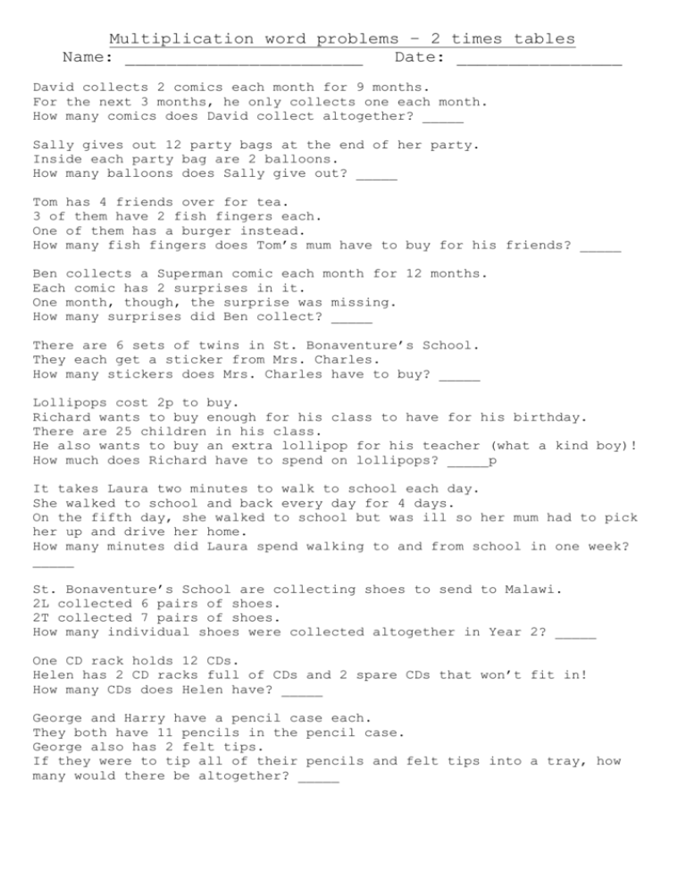 Multiplication Word Problems 2 Times Tables