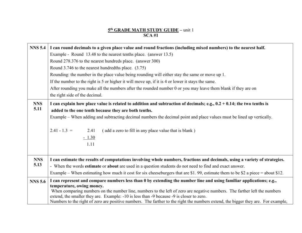 5th GRADE MATH STUDY GUIDE Unit 1