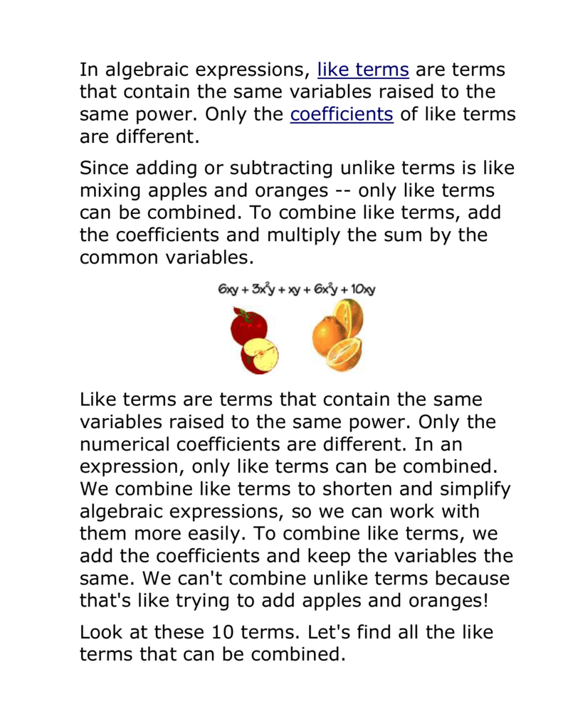 In Algebraic Expressions Like Terms Are Terms That Contain The Same In Algebraic Expressions Like Terms Are Terms That Contain The Same