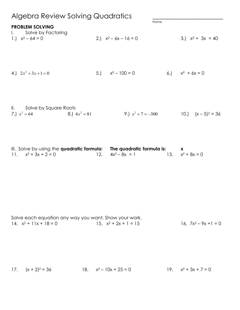 Algebra Review Worksheet On Quadratics Algebra Review Worksheet On Quadratics