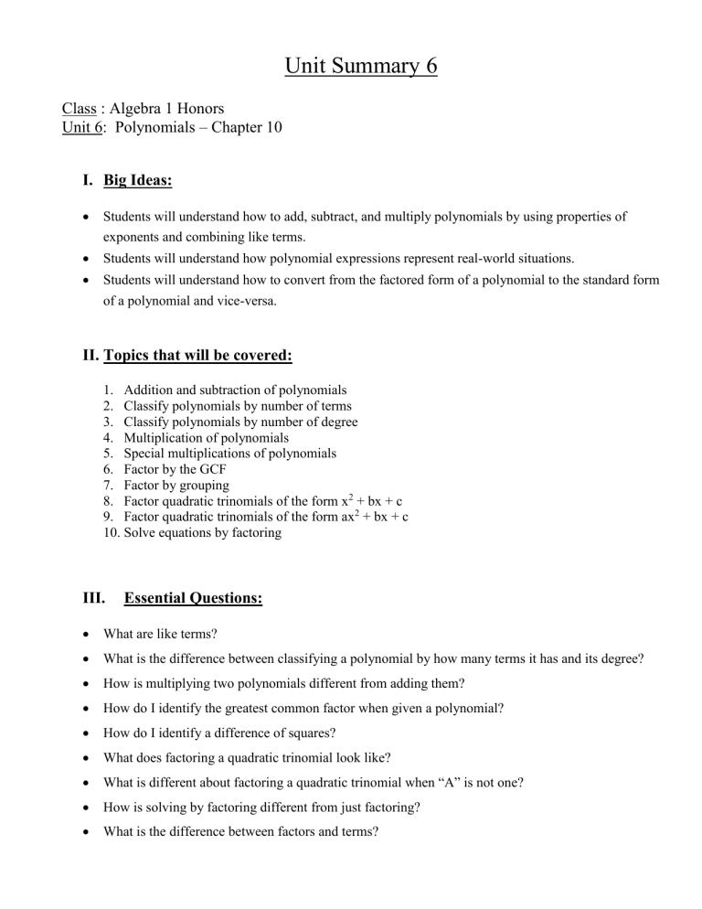 Honors Algebra Unit 6 Summary Polynomials 