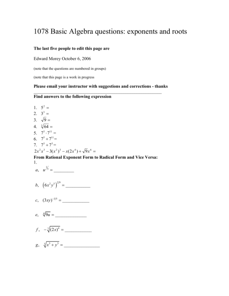 1078 Basic Algebra Questions Exponents And Roots