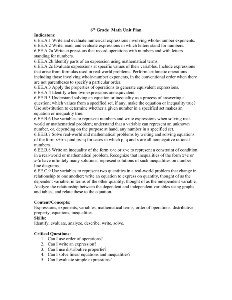 6th Grade Math Unit Plan