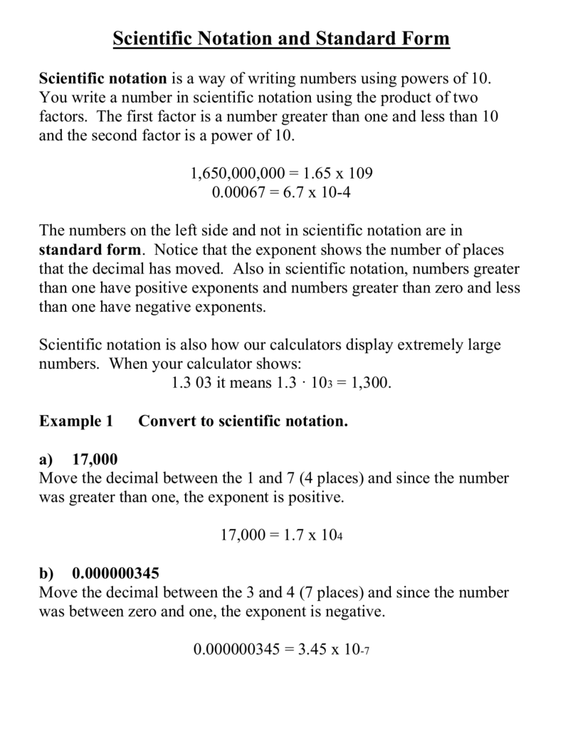 Scientific Notation And Standard Form