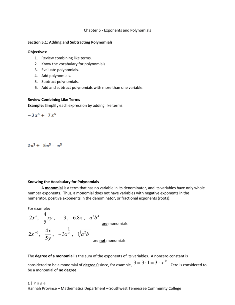 Chapter 5 Exponents And Polynomials Section 5 1 Adding And