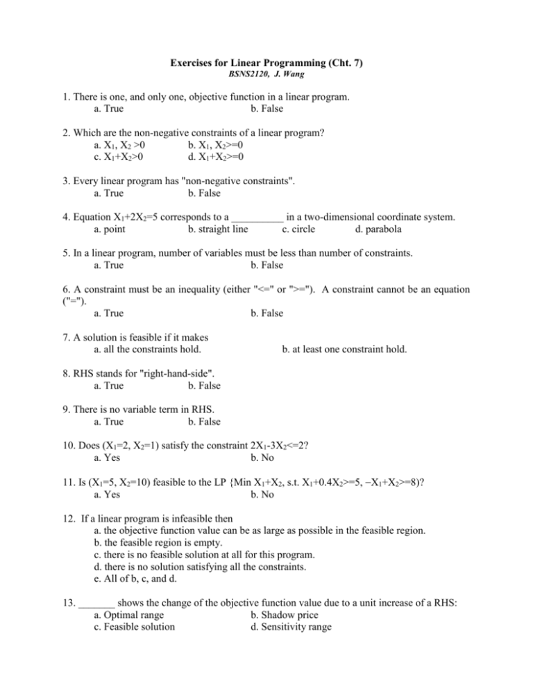 Exercises For Linear Programming Cht