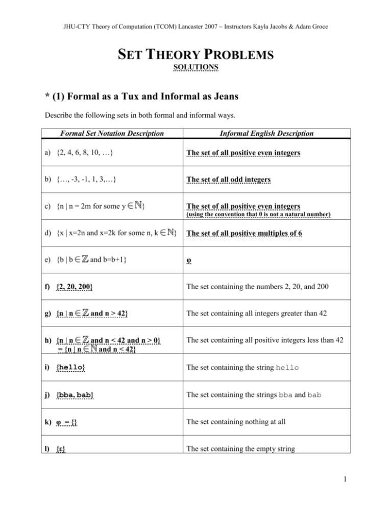 Set Theory Problems Solutions Set Theory Problems Solutions